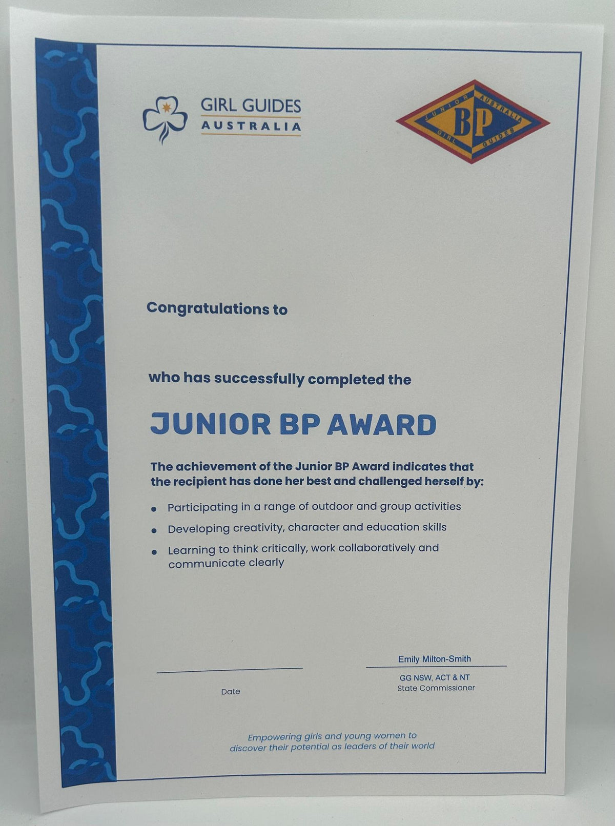 Junior BP Award Certificate - The Guide Shop - Coastal Valleys Region